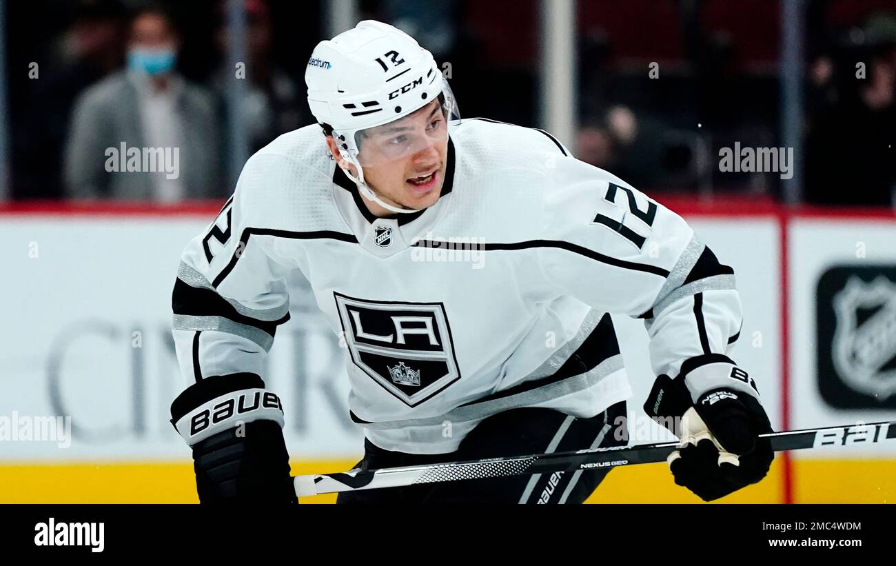 Los Angeles Kings center Trevor Moore skates down ice during the second ...
