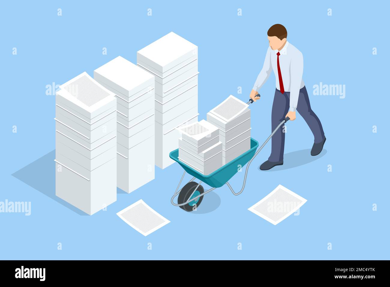 Isometric stacks of paperwork and files in the office, bureaucracy ...