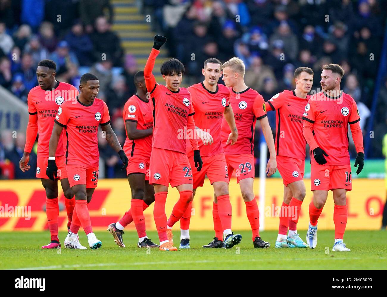 Brighton and Hove Albion's Kaoru Mitoma (centre left) celebrates ...