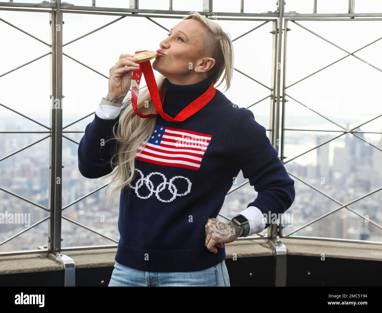 U.S. bobsledder Kaillie Humphries poses with her Beijing 2022 Olympics ...