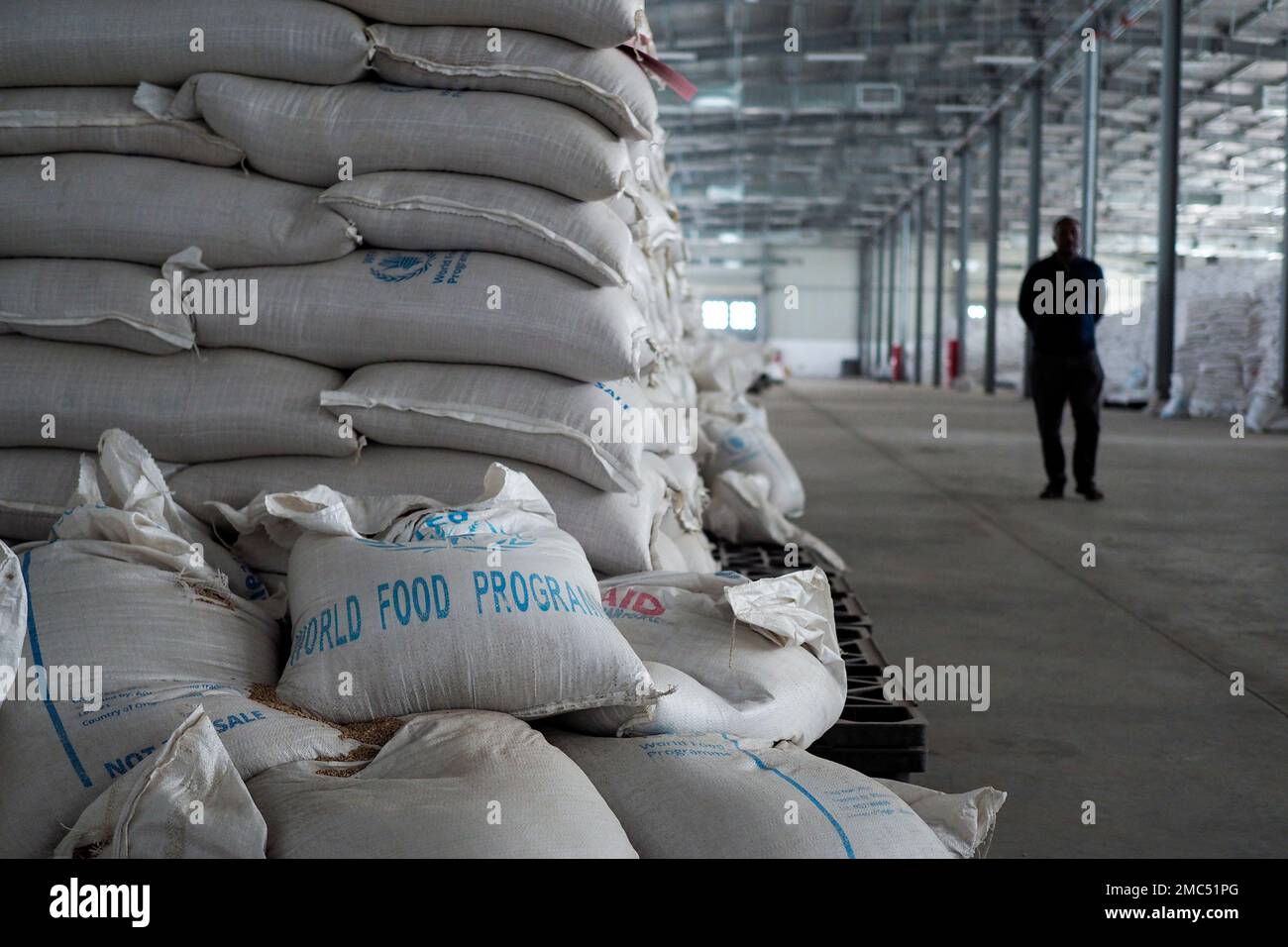 A worker walks past a pile of sacks of food earmarked for the Tigray ...