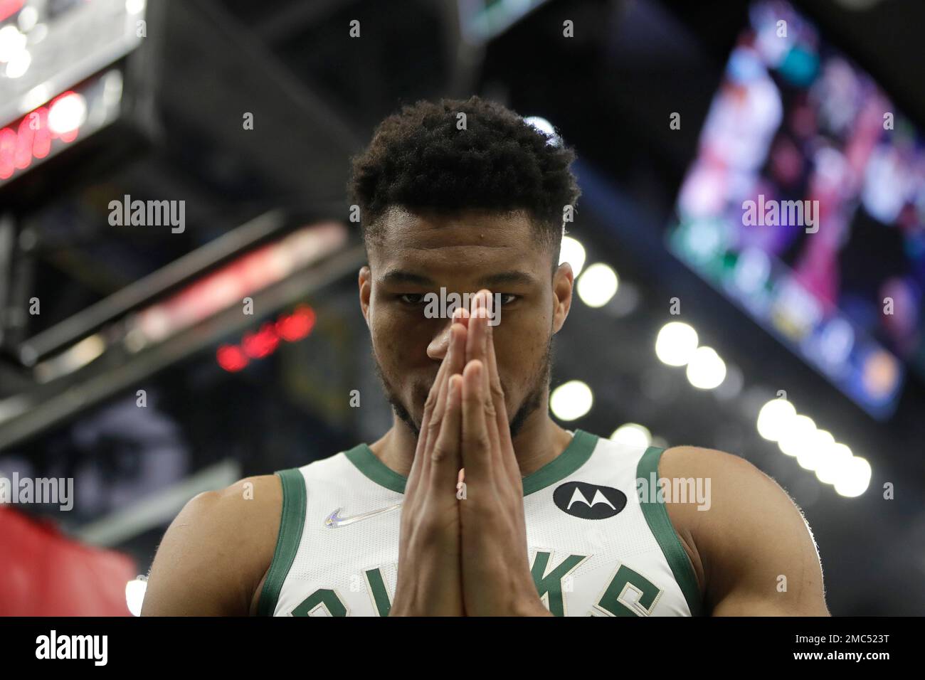 Milwaukee Bucks' Giannis Antetokounmpo pauses before an NBA basketball ...