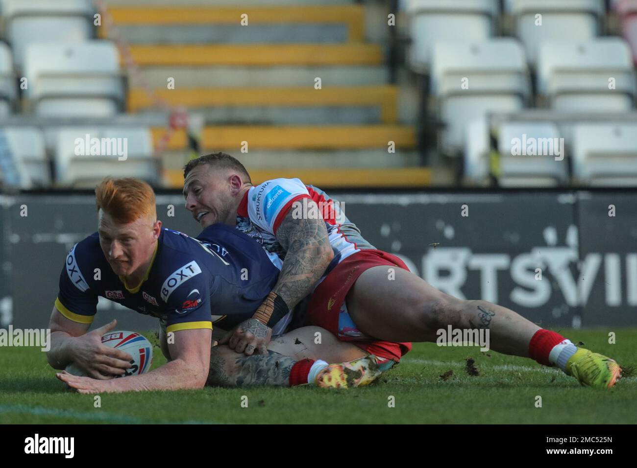 Luis Roberts #24 of Leeds Rhinos goes over for a try and makes the ...