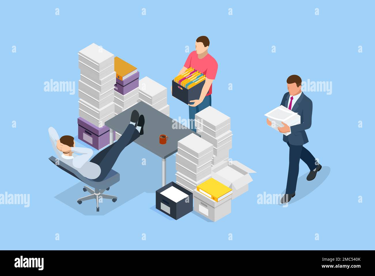 Isometric stacks of paperwork and files in the office, bureaucracy ...