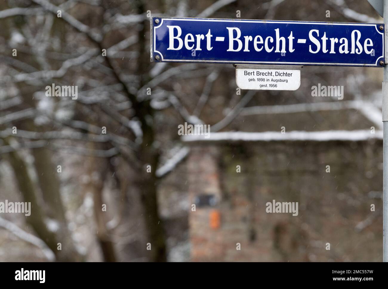 Augsburg, Germany. 20th Jan, 2023. A street sign commemorates Bertolt ...