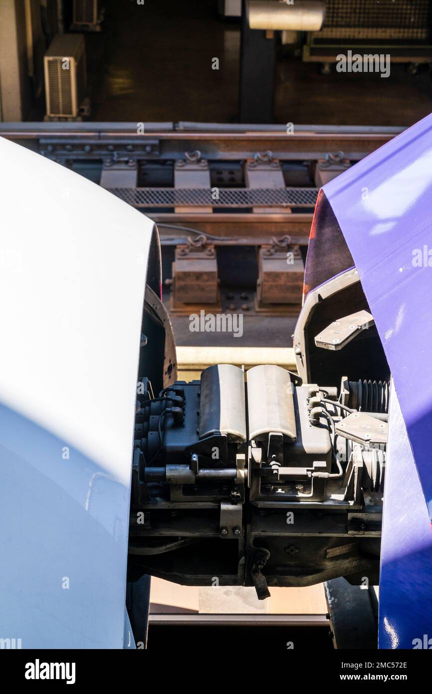 Close up detail of the coupling, connecting mechanism between two ...