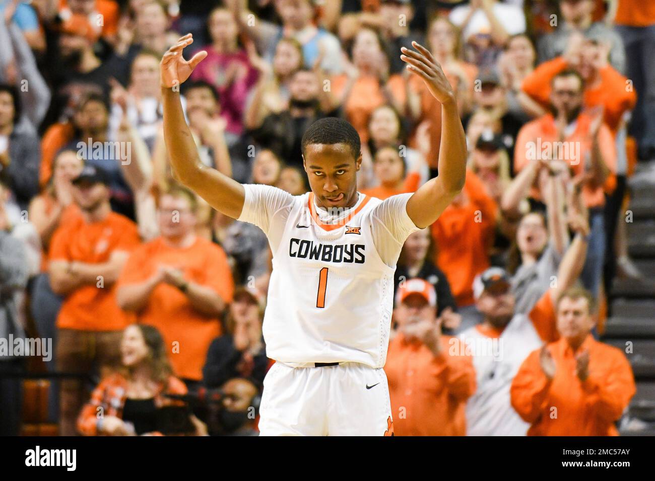 Oklahoma State guard Bryce Thompson (1) gestures to the crowd following ...