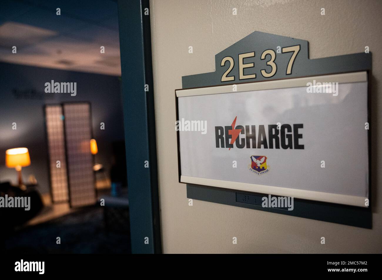 A recharge room sign posted at Joint Base McGuire-Dix-Lakehurst, N.J ...