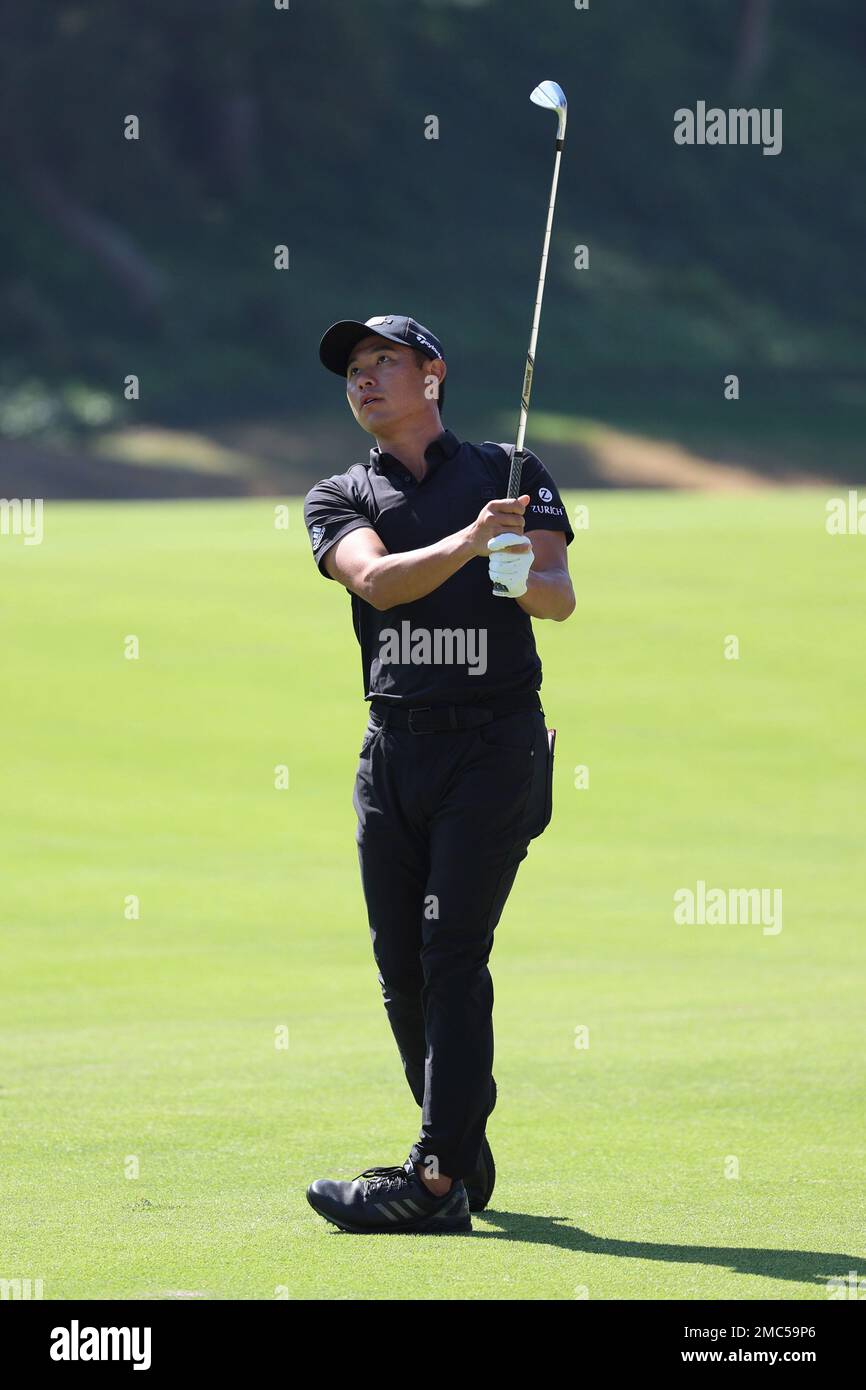 Collin Morikawa hits his second shot on the seventh hole during the ...