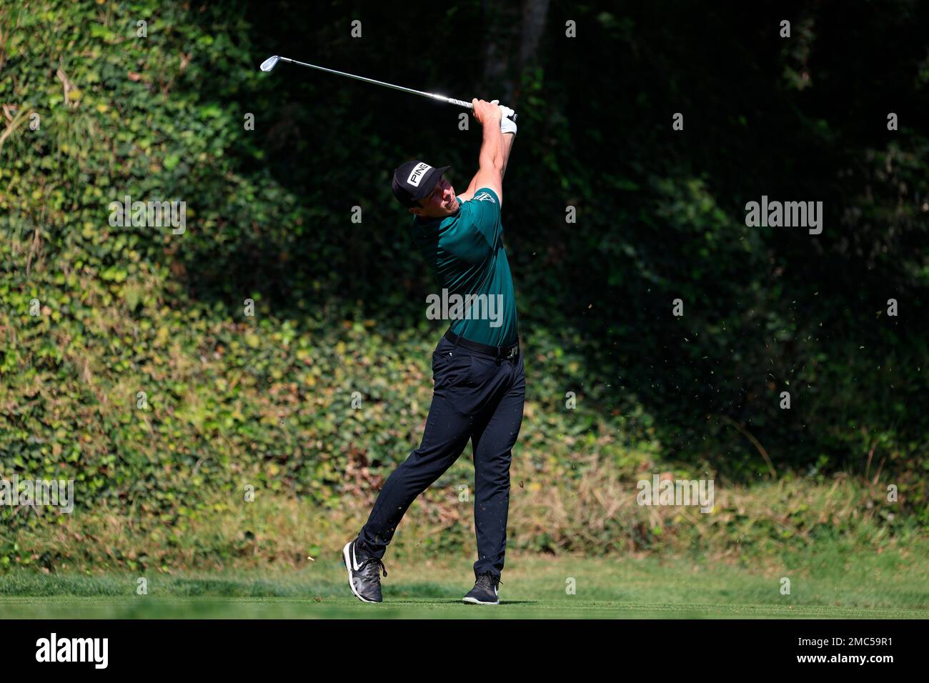 Viktor Hovland, of Norway, tees off on the sixth hole during the final round of the Genesis ...