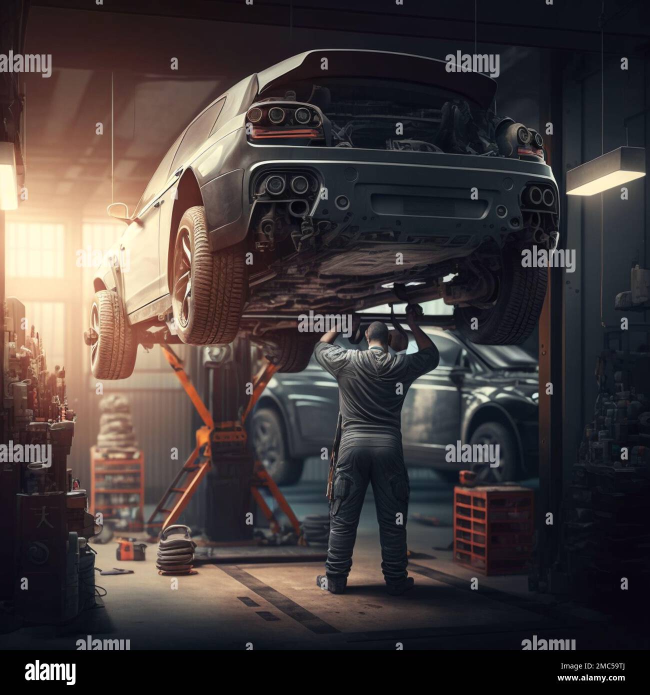 Car service, maintenance, repairman checks the condition of the car on ...