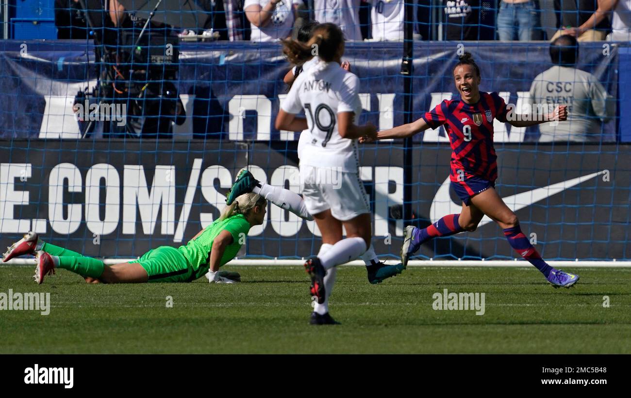United States forward Mallory Pugh, right, celebrates her goal as New ...