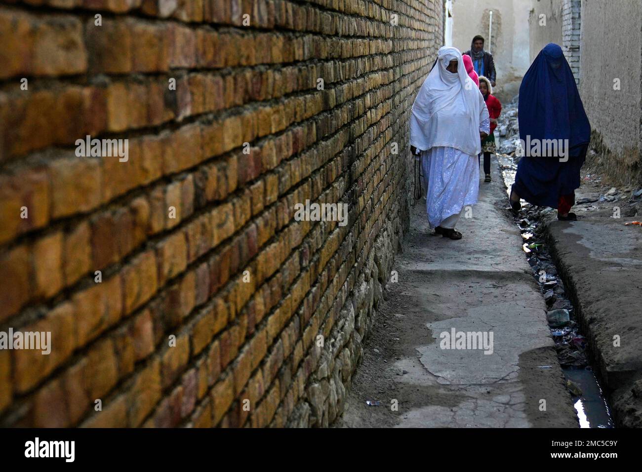 Afghans pass in an alley along an open sewer in a poor neighborhood of ...