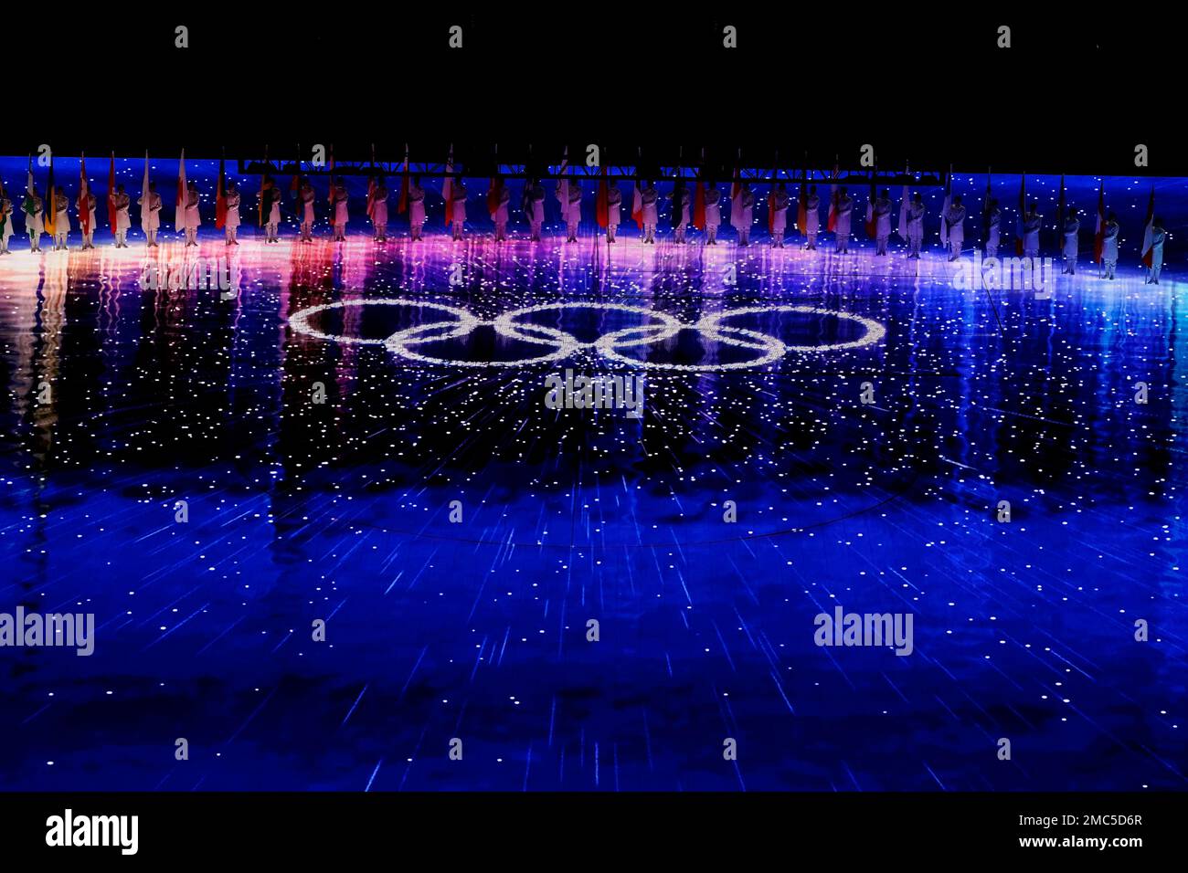 The Olympic rings illuminate during the closing ceremony of the 2022 ...