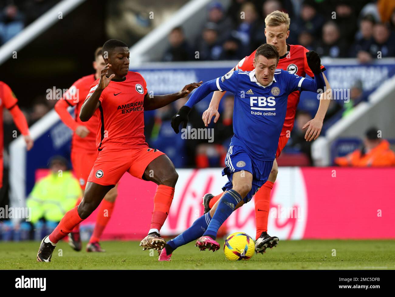 Leicester, England, 21st January 2023. Jamie Vardy of Leicester City tussles with Moises Caicedo ...