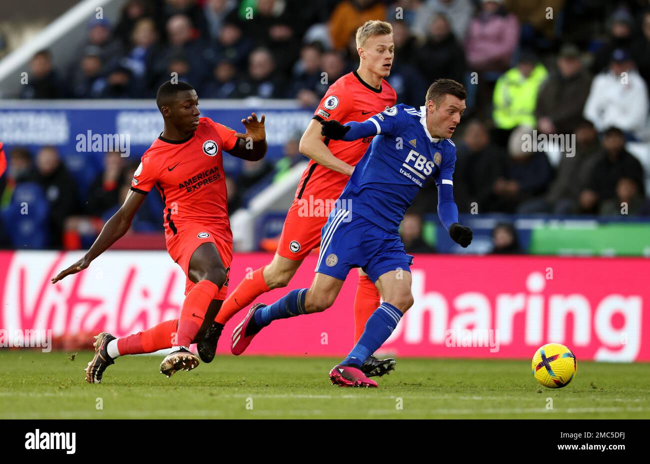 Leicester, England, 21st January 2023. Jamie Vardy of Leicester City tussles with Moises Caicedo ...