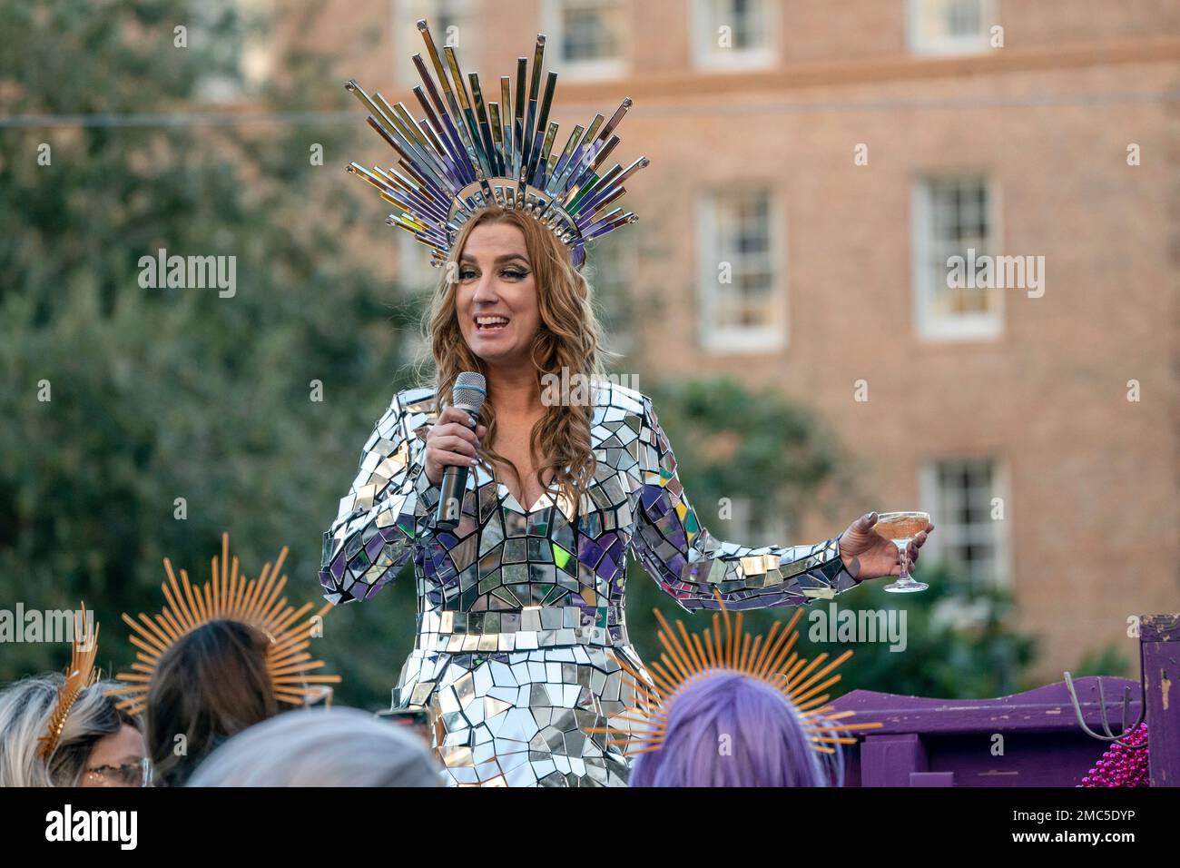 Krewe of Freret Queen Audrey Volker speaks as the Krewe of Freret ...