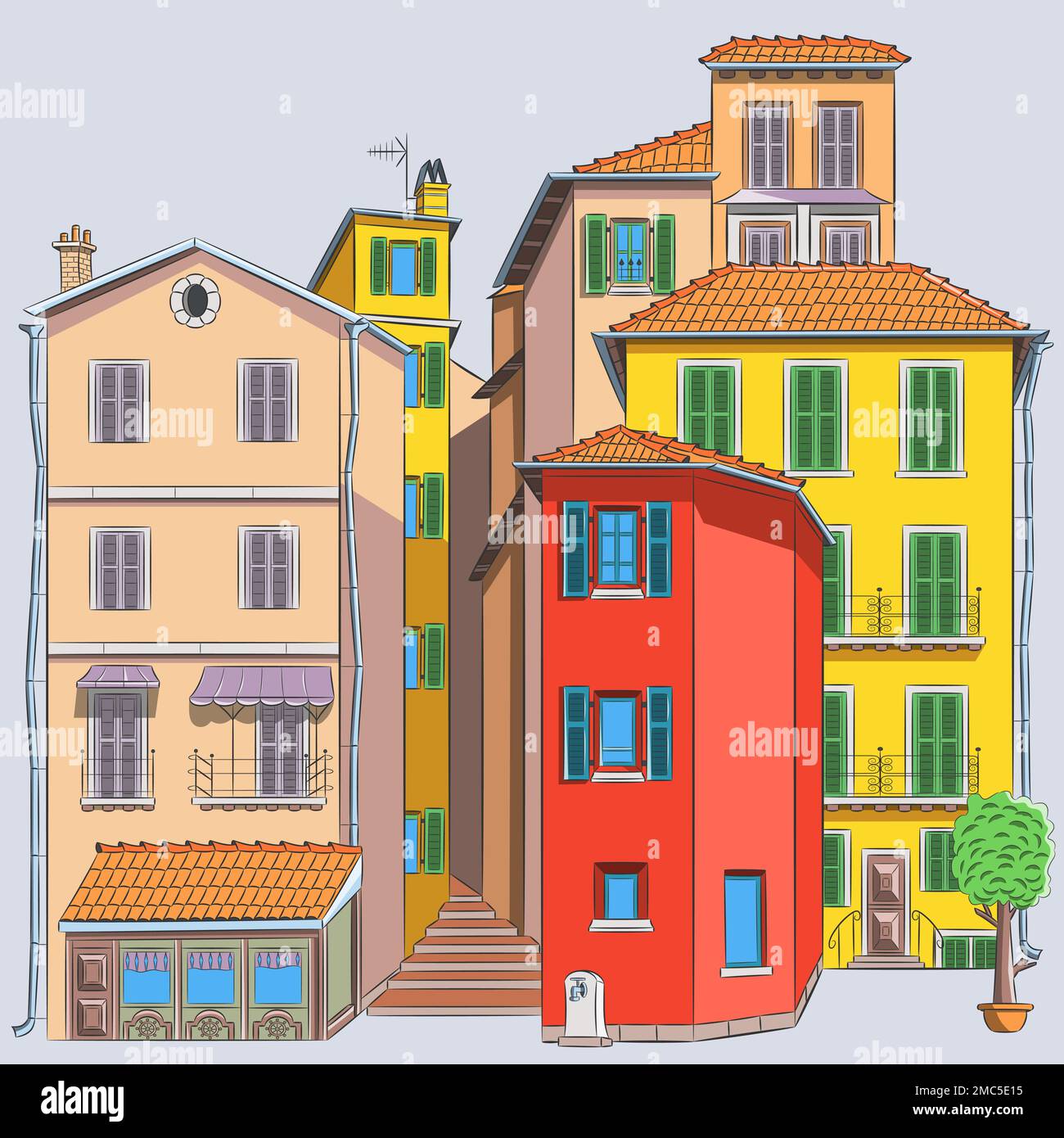 View of the colorful facades of houses in the old part of Menton ...