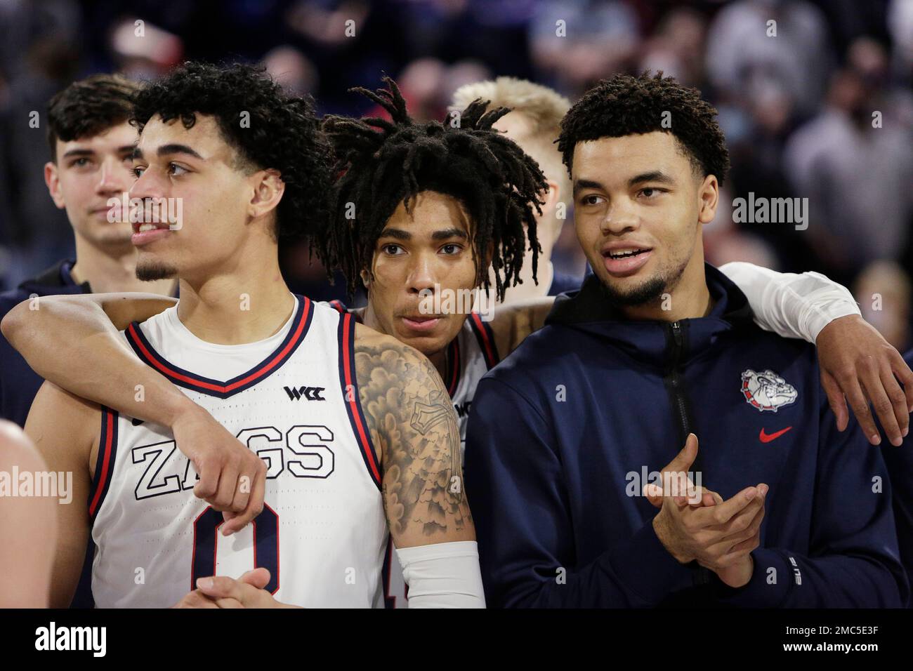 Gonzaga guard Julian Strawther, left, guard Hunter Sallis, center, and ...