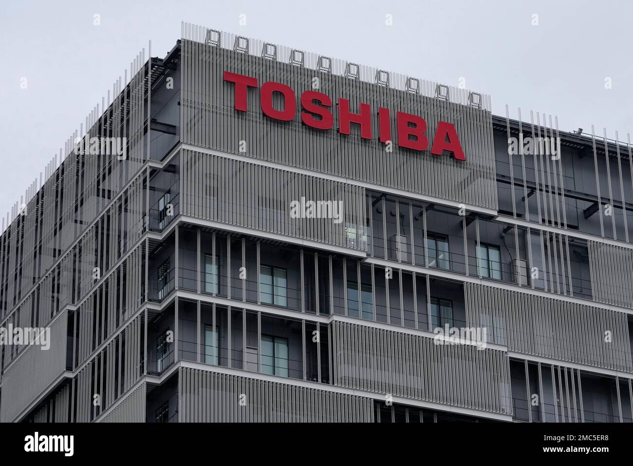 The logo of Toshiba Corp. is seen at a company's building in Kawasaki ...