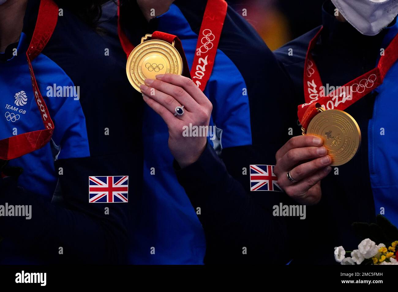 Britain's athletes display their gold medals during a medal ceremony ...
