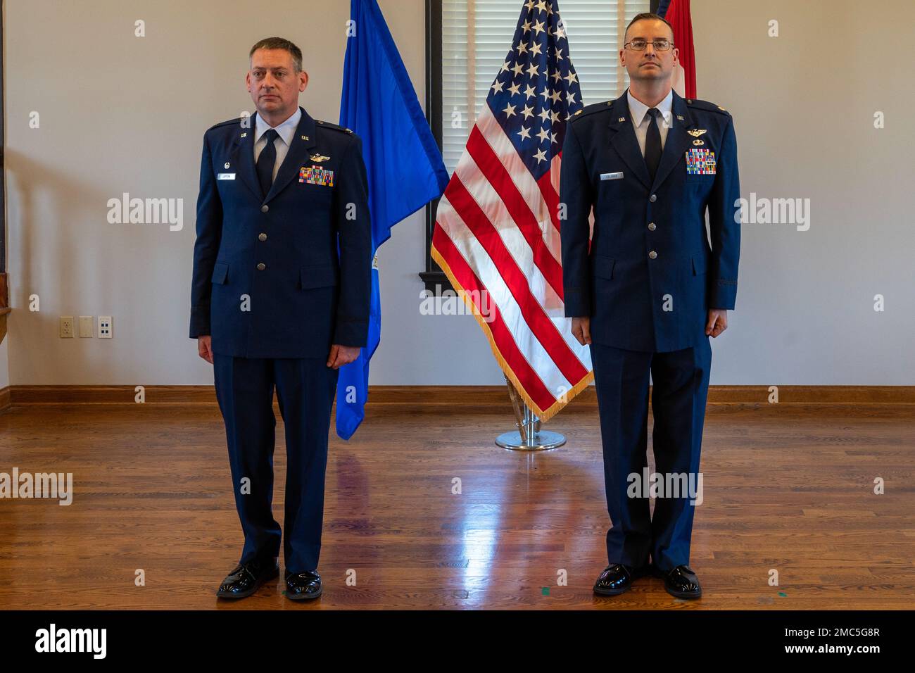 Lt. Col. Wesley Colebar, right, strategy analyst for the 157th Combat ...