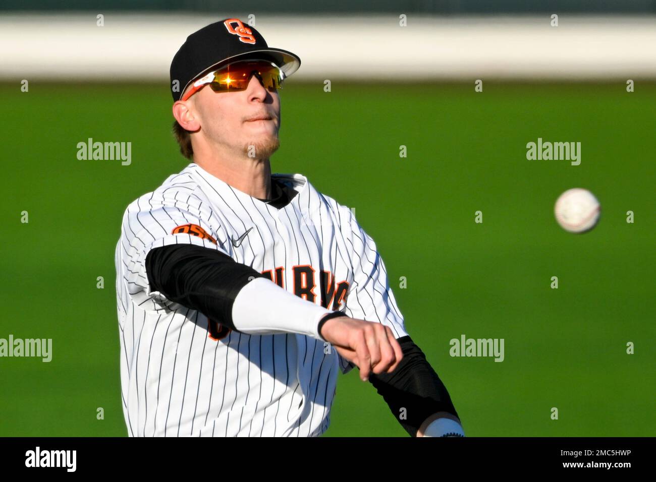 Oklahoma St. player Aidan Meola works out before an NCAA college ...
