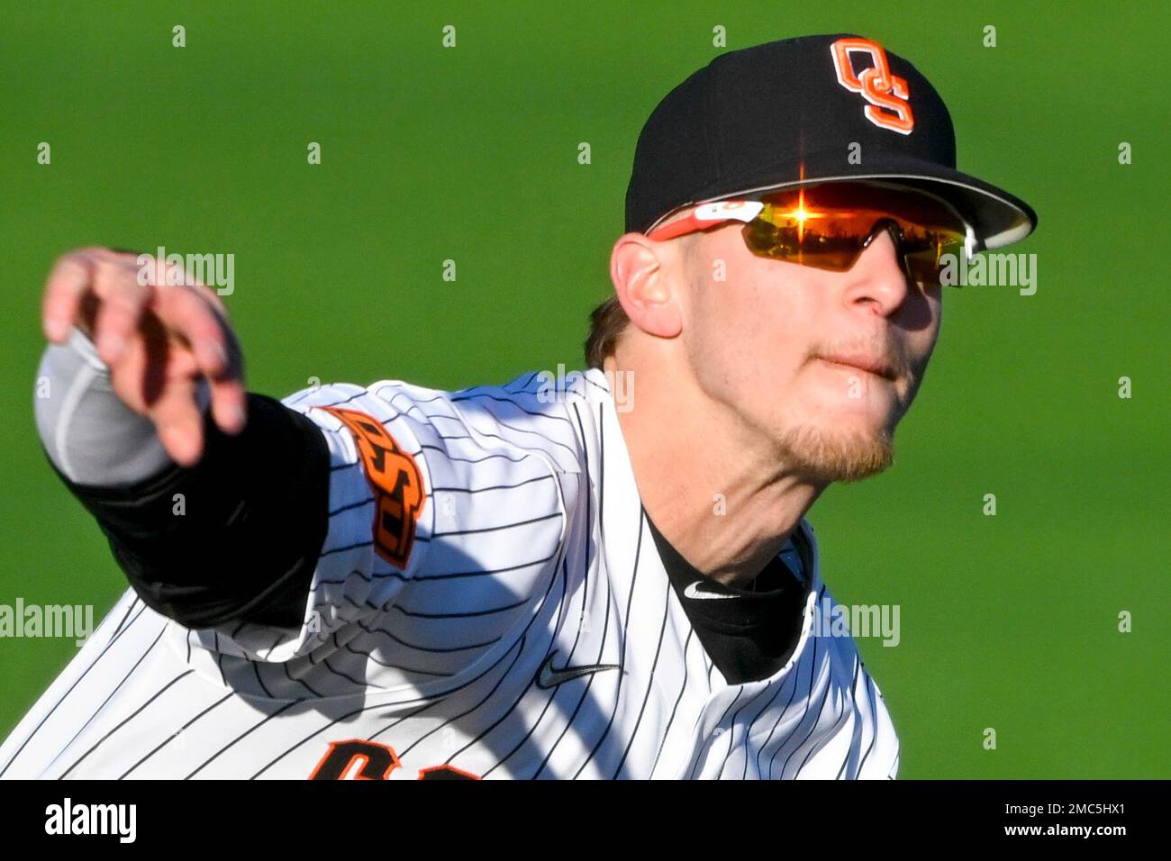 Oklahoma St. player Aidan Meola works out before an NCAA college ...