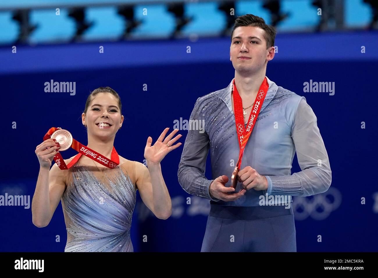 Bronze medalists, Anastasia Mishina and Aleksandr Galliamov, of the Russian Olympic Committee ...