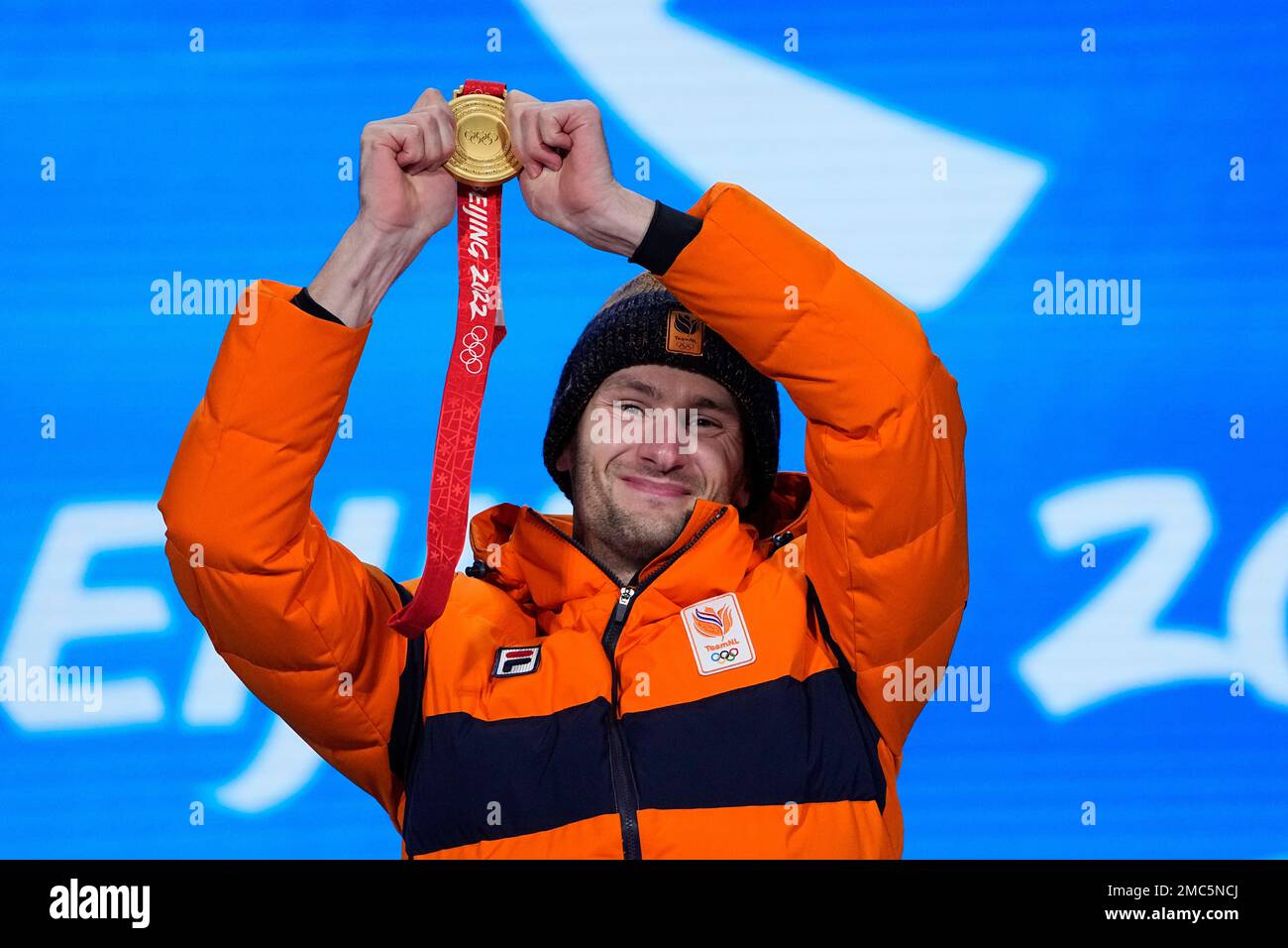 Thomas Krol of the Netherlands displays his gold medal during a medal ...