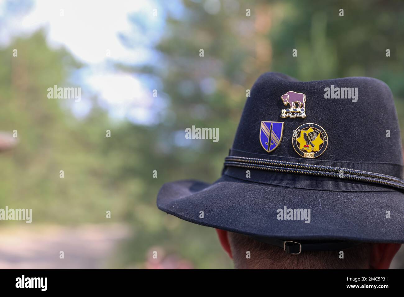 The back of a cavalry hat with various pins belonging to U.S. Army Capt ...