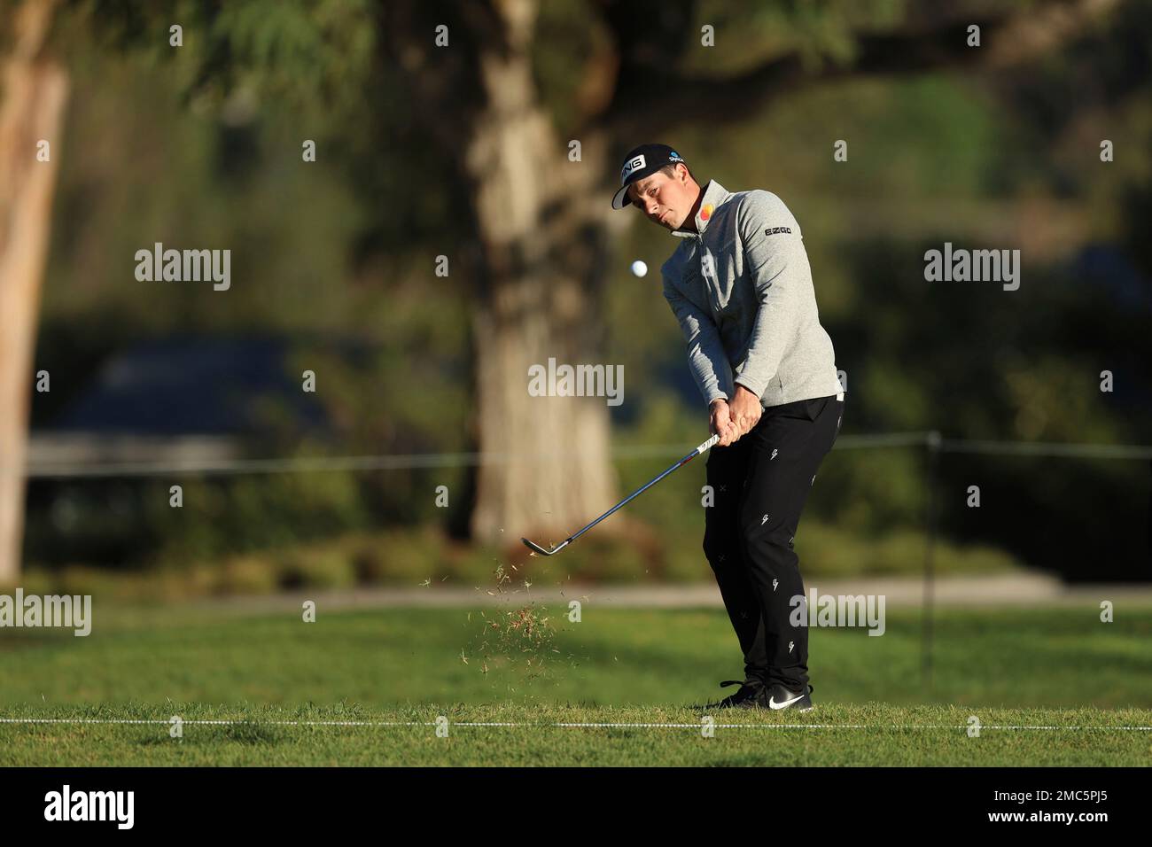 Viktor Hovland, of Norway, chips onto the 11th green during the second round of the Genesis ...