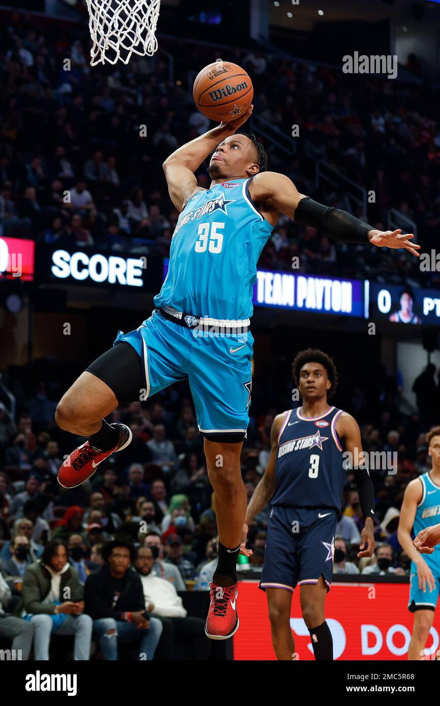 Team Barry's Isaac Okoro, of the Cleveland Cavaliers, goes up for a ...