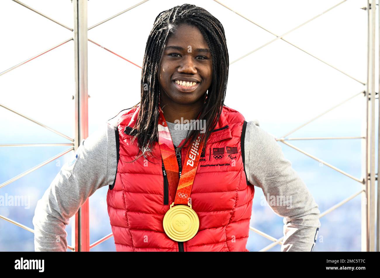 U.S. speed skater Erin Jackson poses with her Beijing 2022 Olympics ...