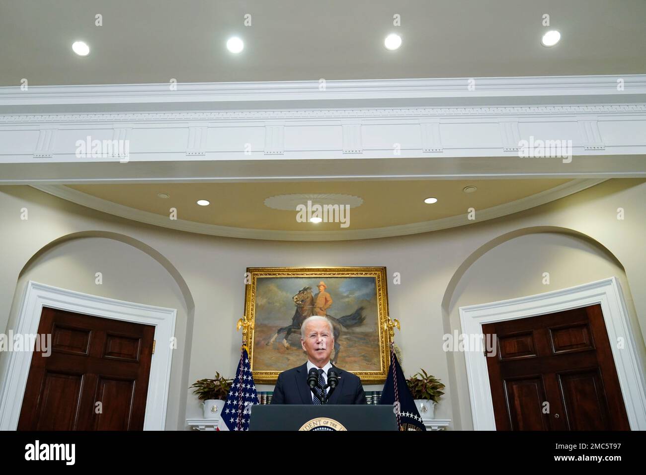 President Joe Biden speaks about Ukraine in the Roosevelt Room of the ...