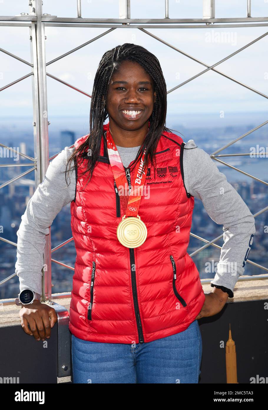 U.S. speed skater Erin Jackson poses with her Beijing 2022 Olympics ...