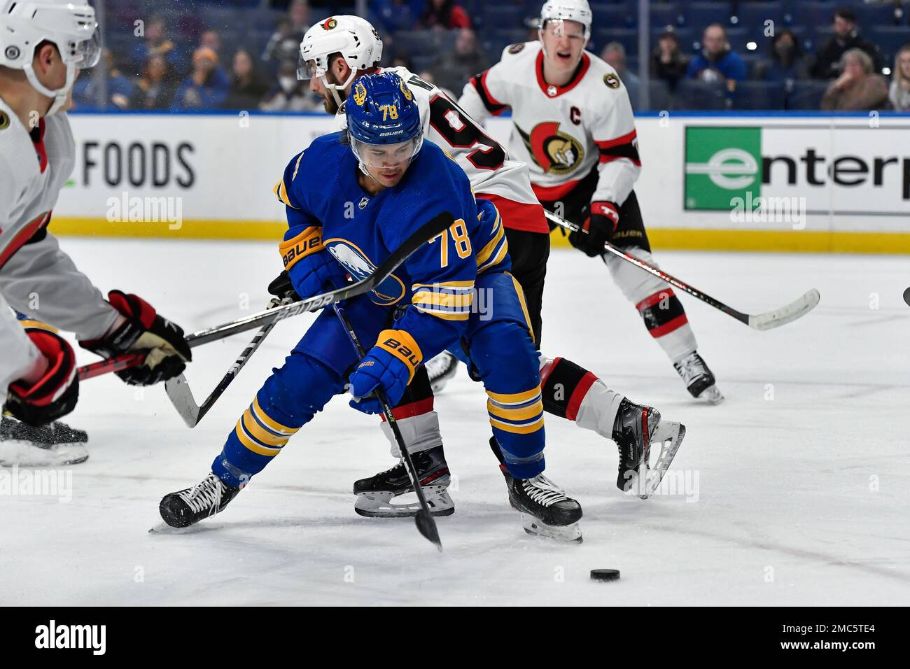 Buffalo Sabres defenseman Jacob Bryson (78) reaches for the puck during ...