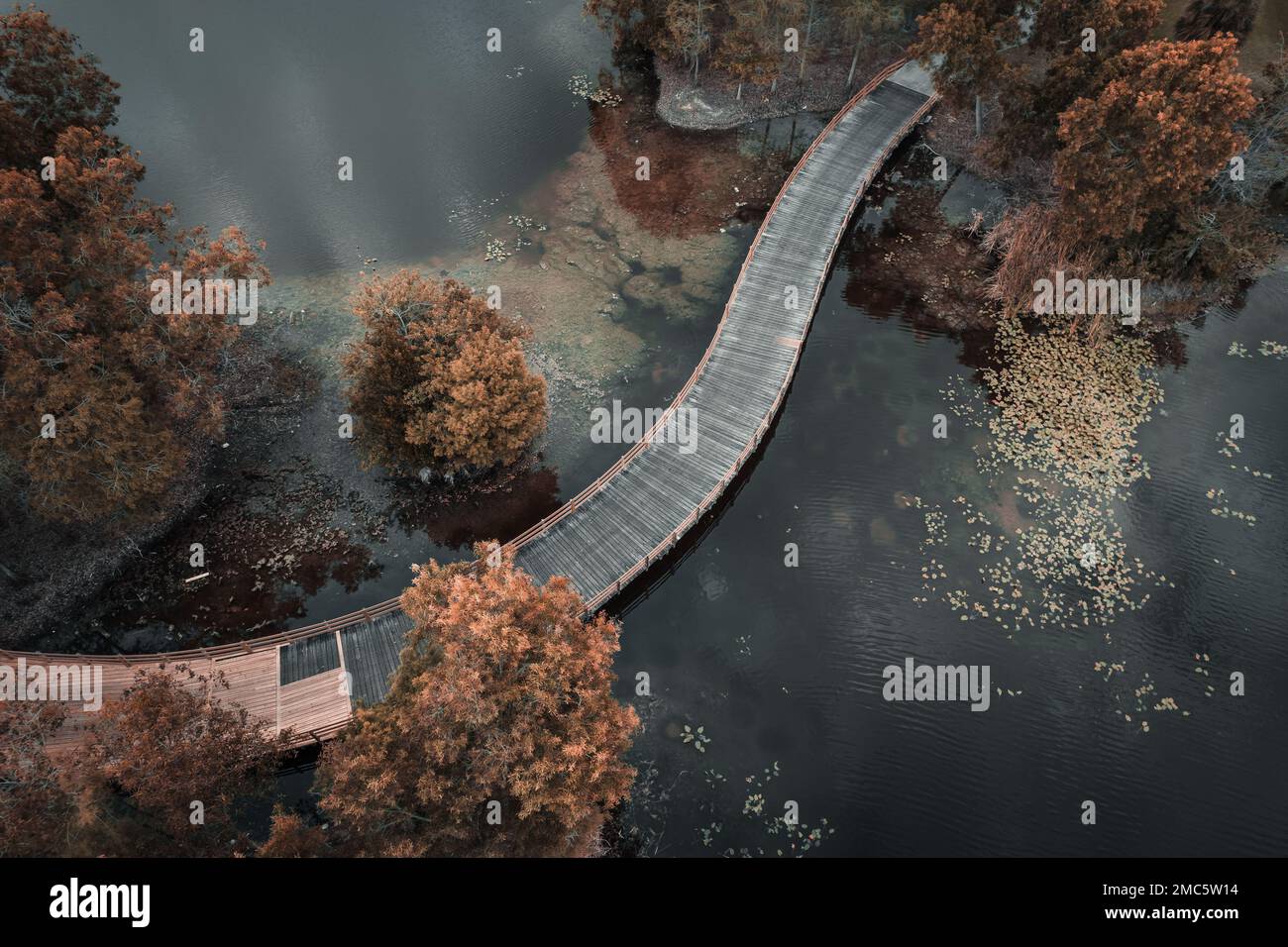 An aerial view of a curve boardwalk on the lake Stock Photo - Alamy