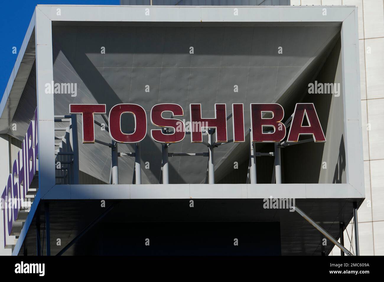 The logo of Toshiba Corp. is seen displayed at its headquarters in ...