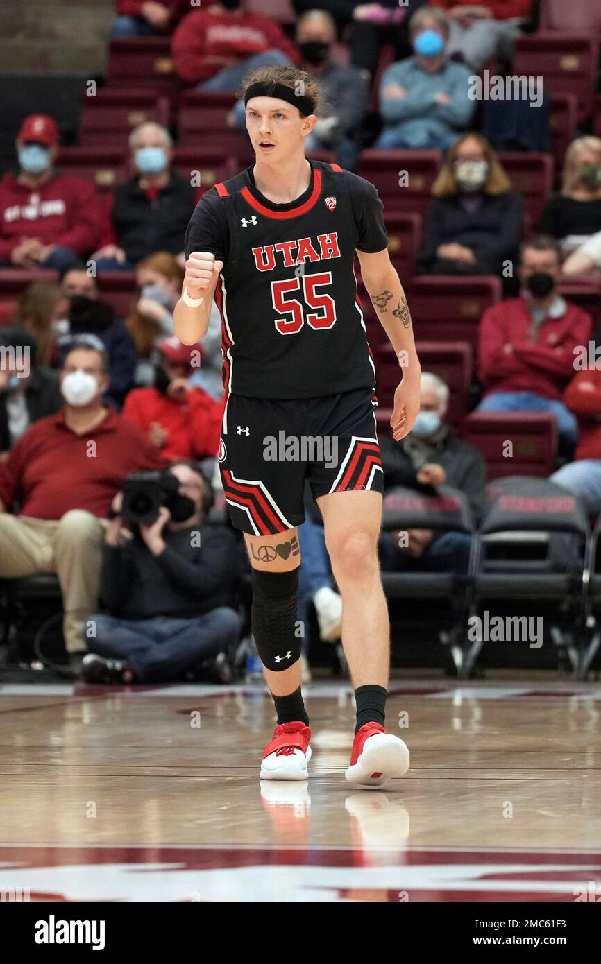 Utah guard Gabe Madsen (55) reacts after a basket against Stanford ...