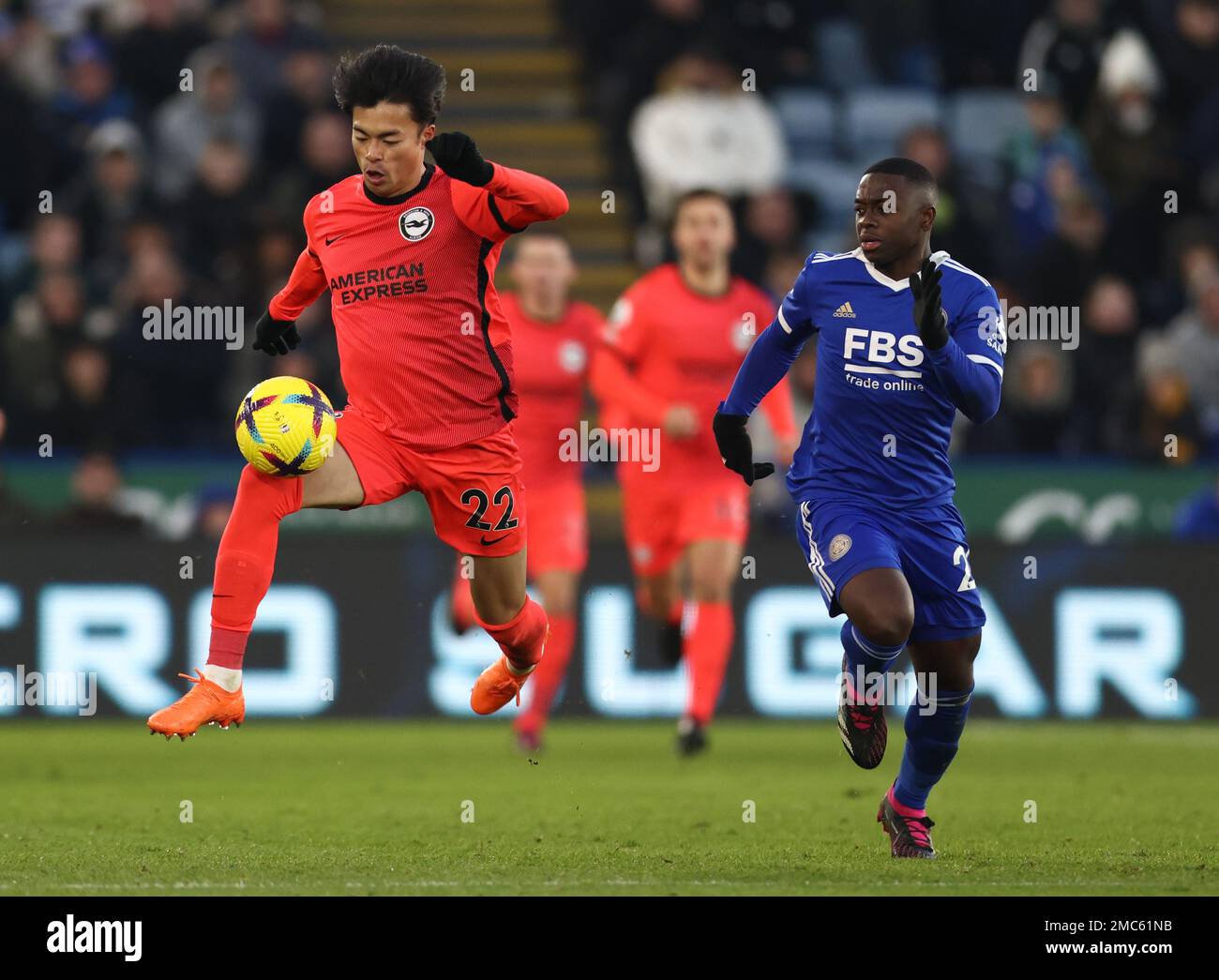 Leicester, England, 21st January 2023. Kaoru Mitoma of Brighton leaps to control the ball with ...