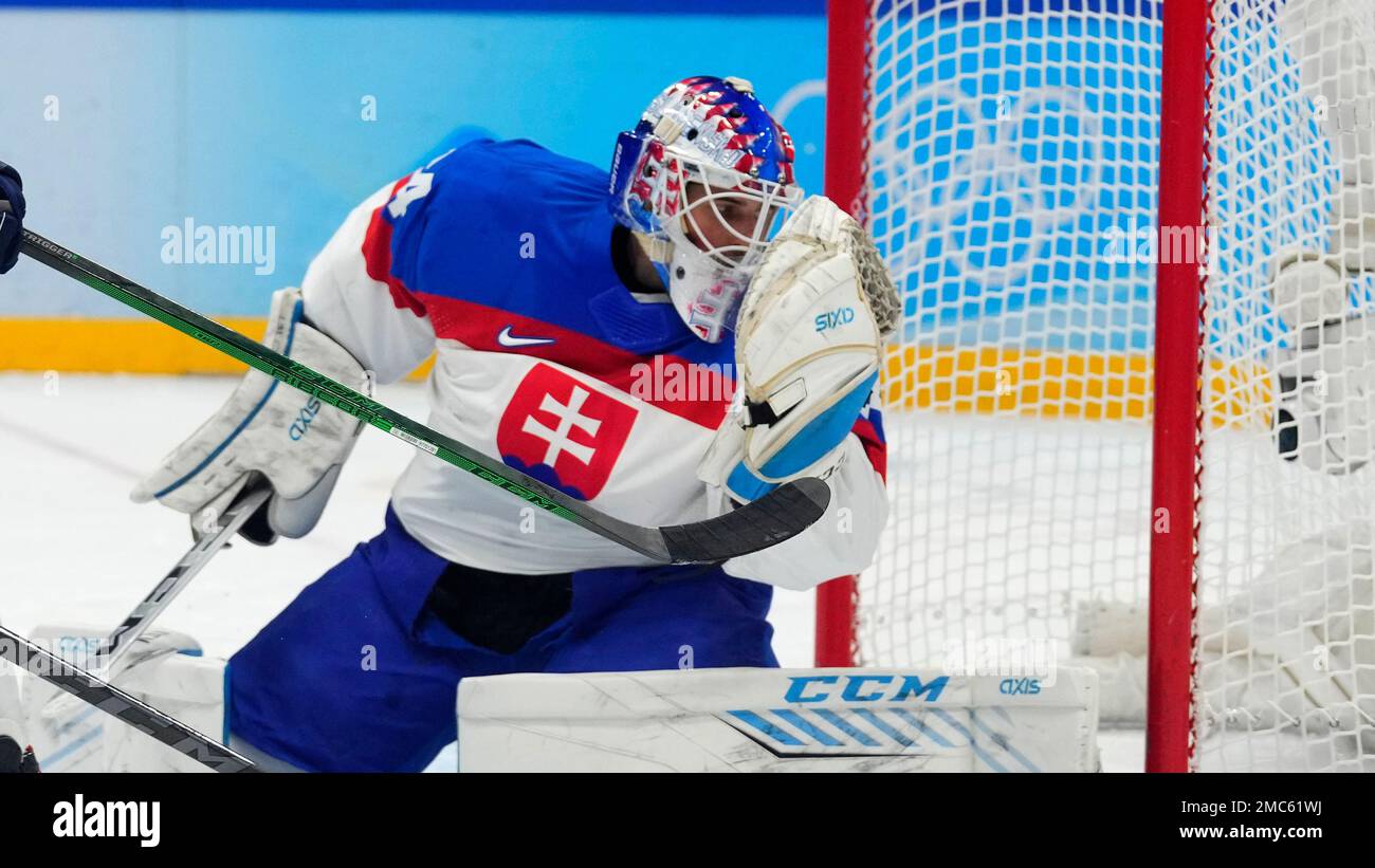 Finland's Saku Maenalanen (80) and Slovakia goalkeeper Patrik Rybar ...