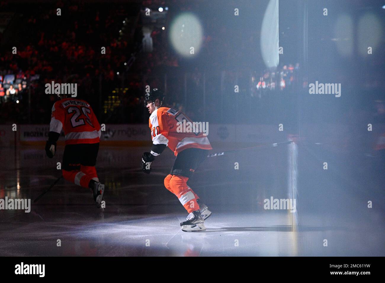 Philadelphia Flyers' Max Willman skates onto the ice prior to an NHL ...