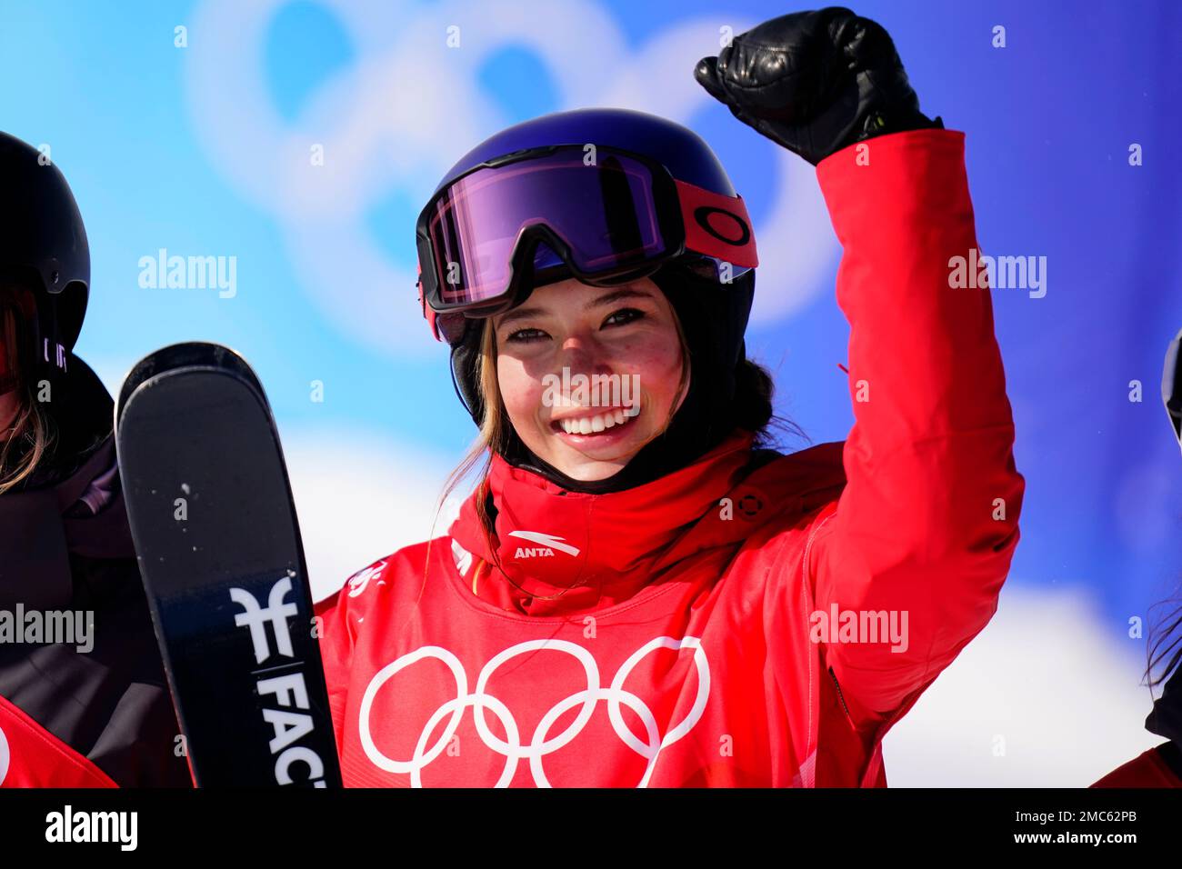China's Eileen Gu celebrates after winning a gold medal in the women's ...