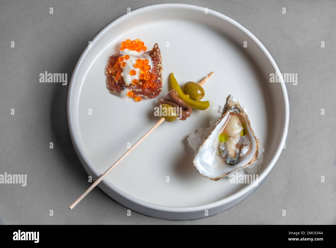 A Birdseye view of a modern plated meal, shot against a plain grey ...