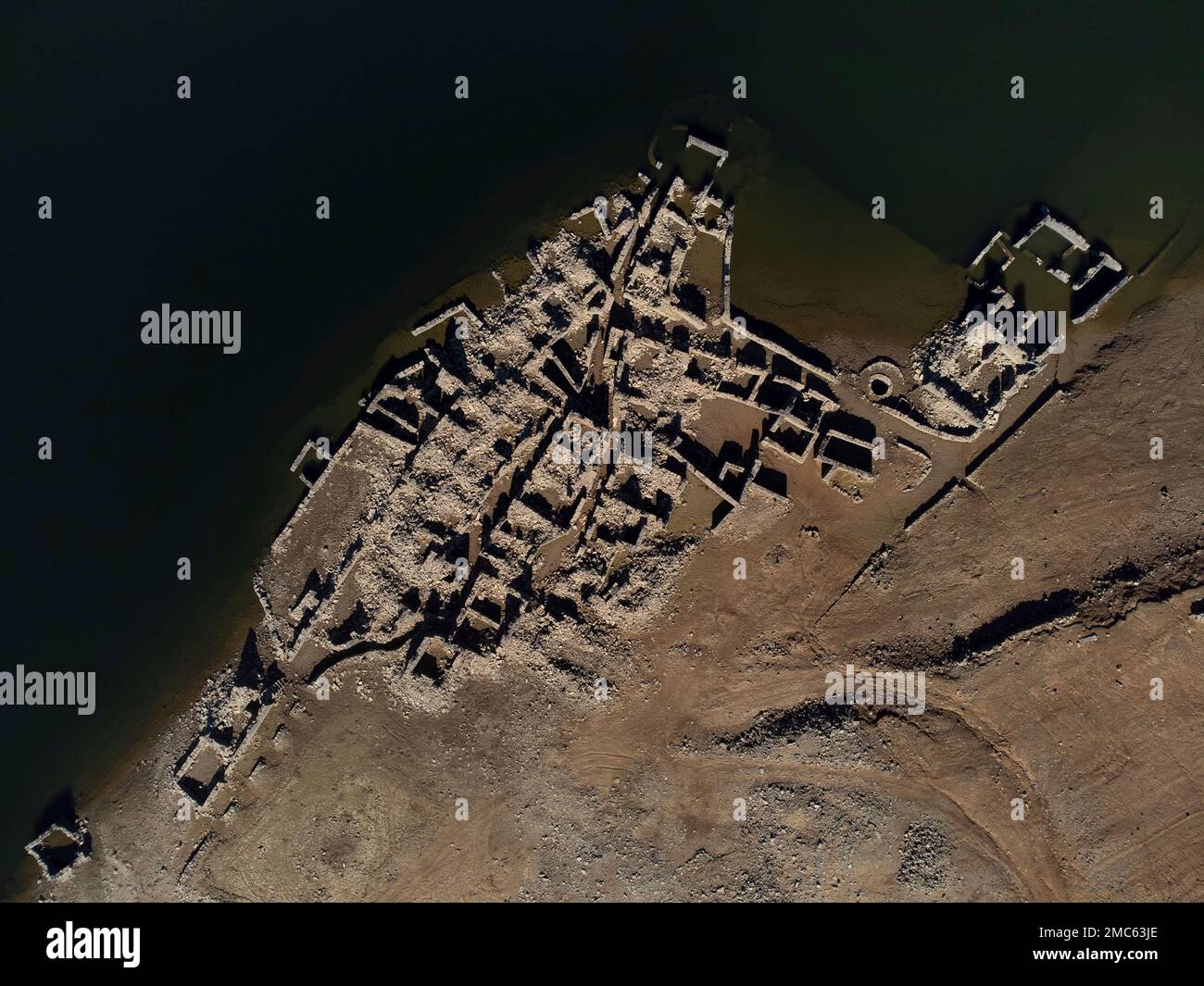 In this aerial image taken with a drone, the ruins of the old village ...