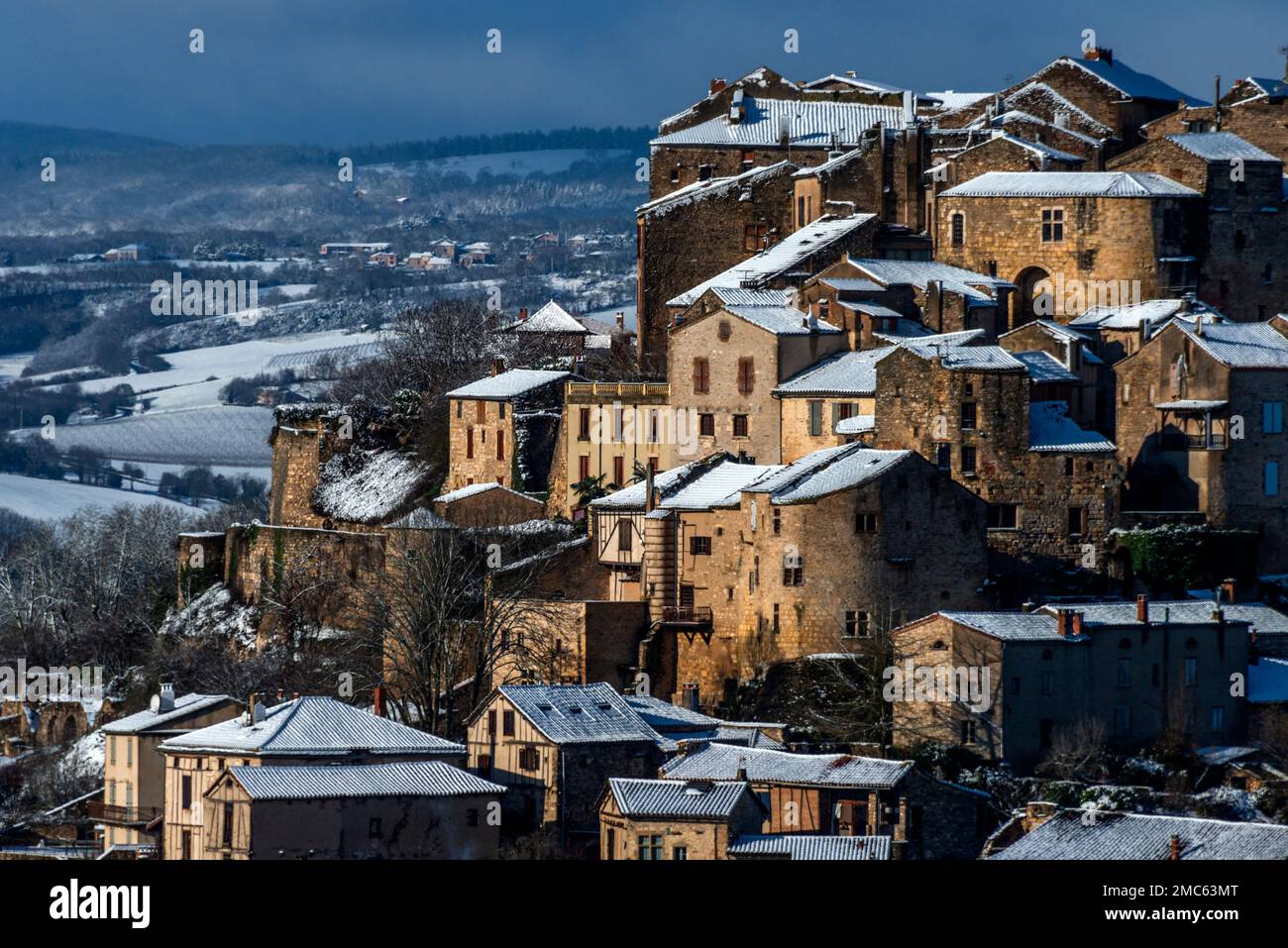 A telephoto view of the southern French medieval hilltop village of ...