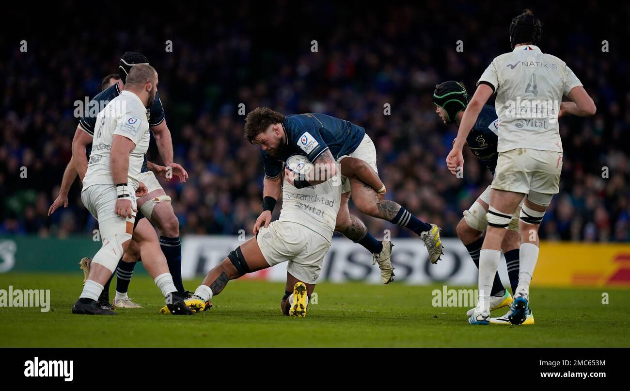 Racing 92's Boris Palu tackles Leinster's Andrew Porter during the ...