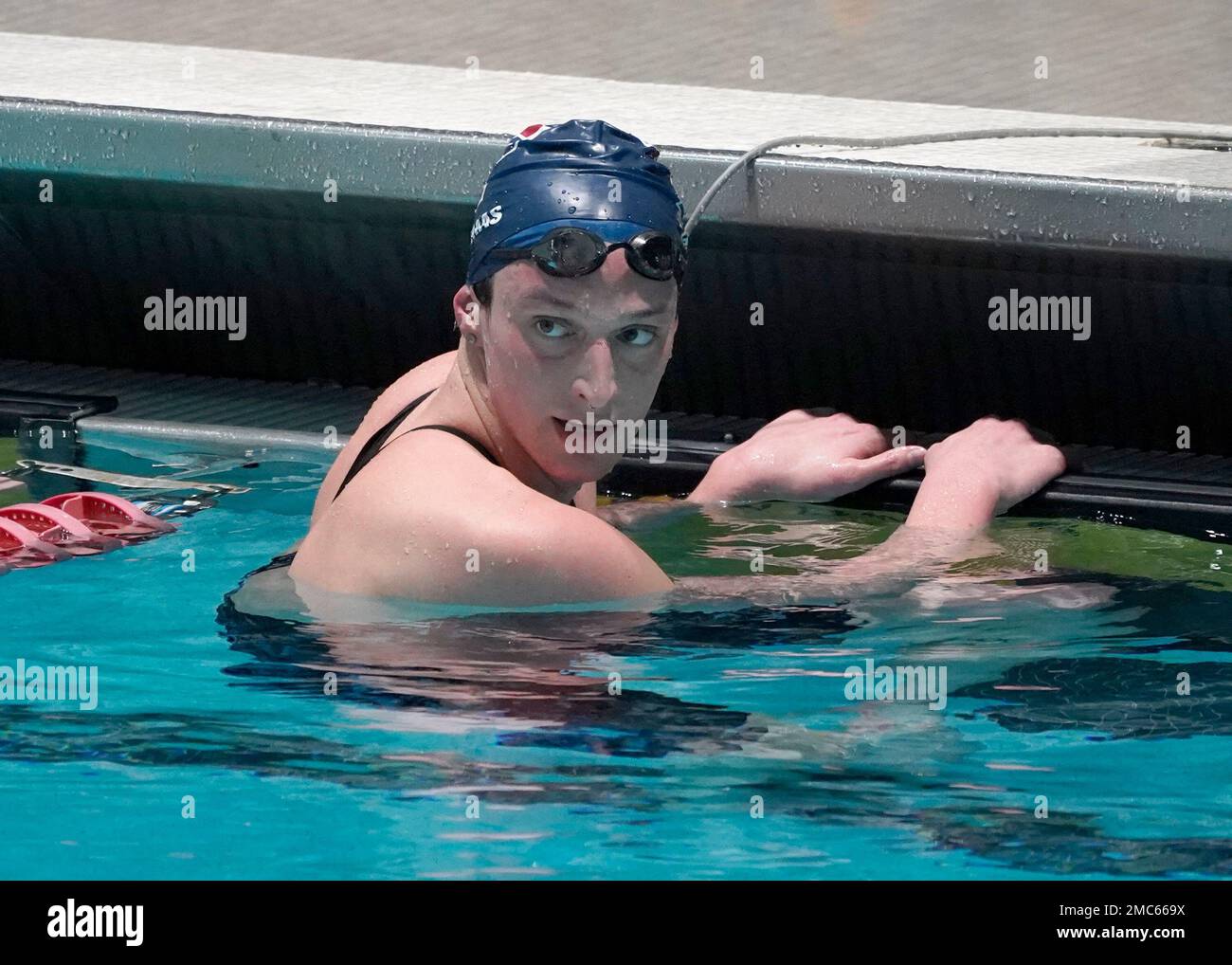 Penn's Lia Thomas looks for a time after swimming in a qualifying heat ...