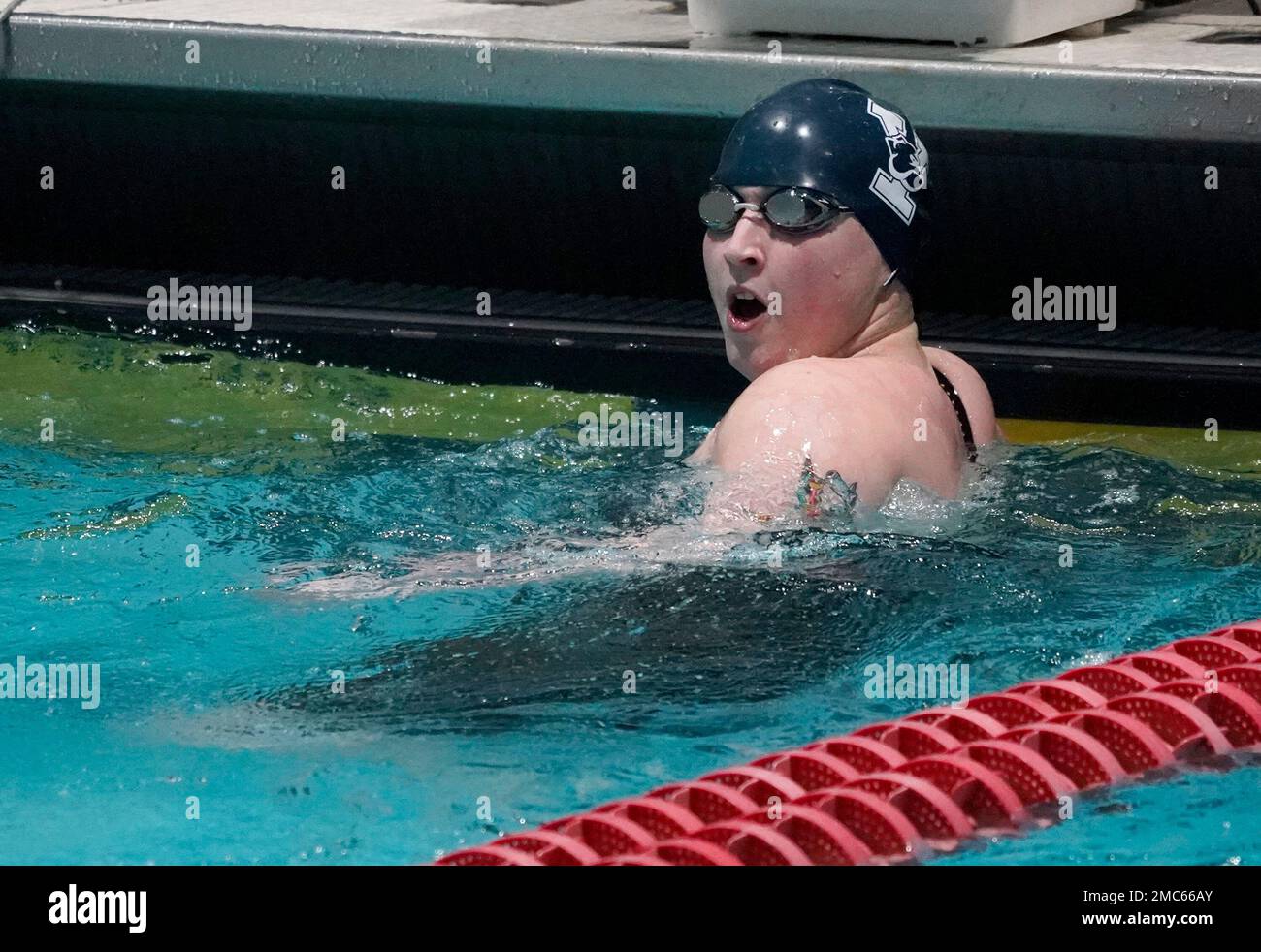 Yale's Iszac Henig reacts after setting a pool record in a 50-yard ...